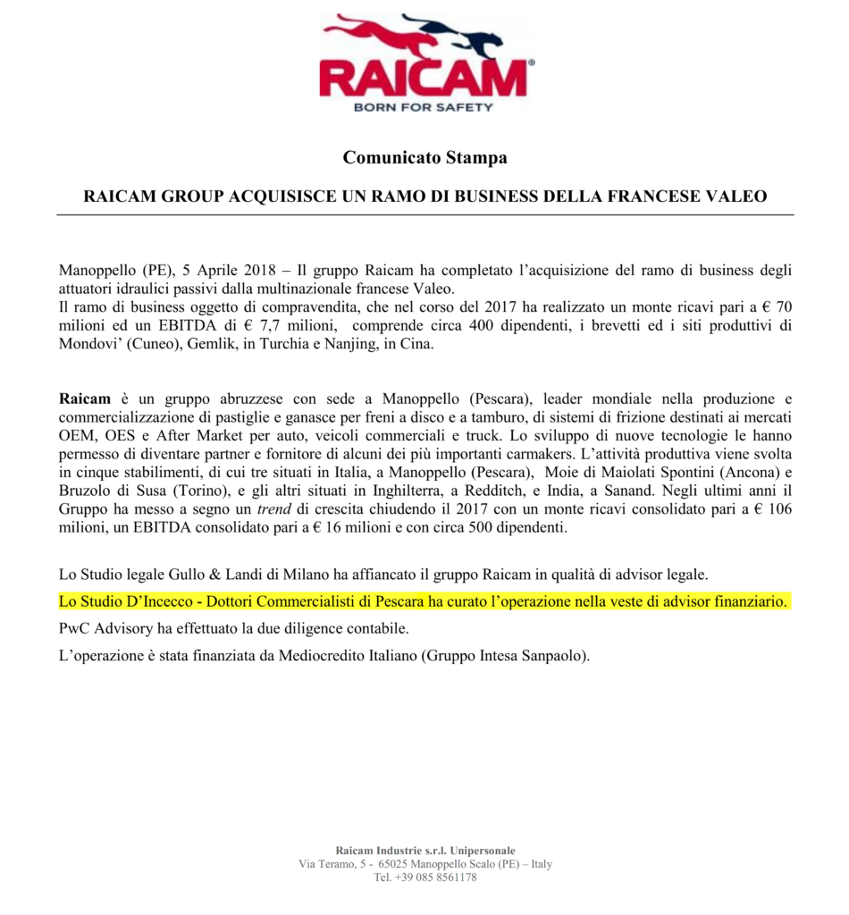 Raicam Group acquisisce un ramo di business della francese Valeo ...